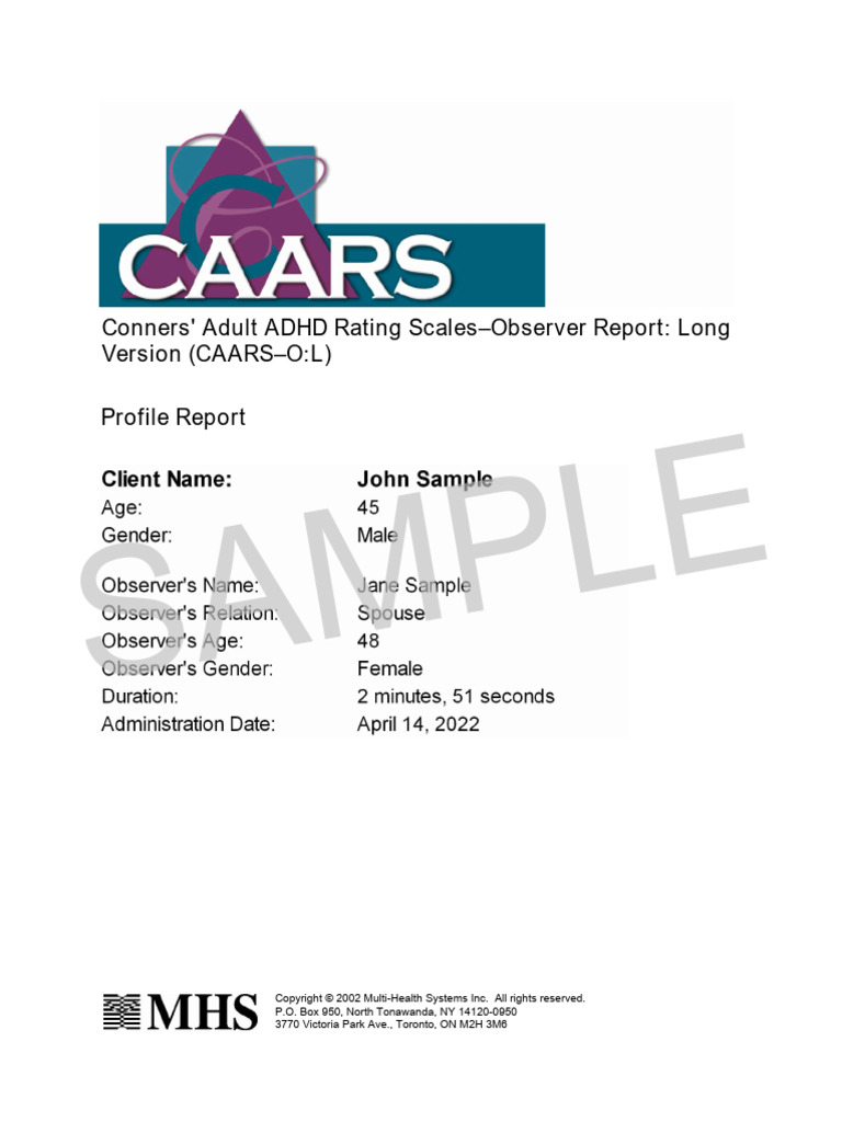 CAARS - Observer - Ejemplo de Reporte Ingles | PDF | Attention Deficit ...