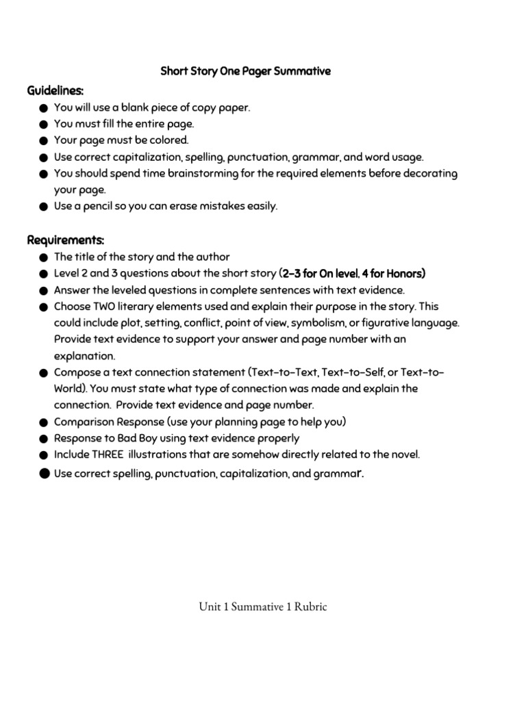 Short Story One Pager Summative Directions | PDF | Reading ...
