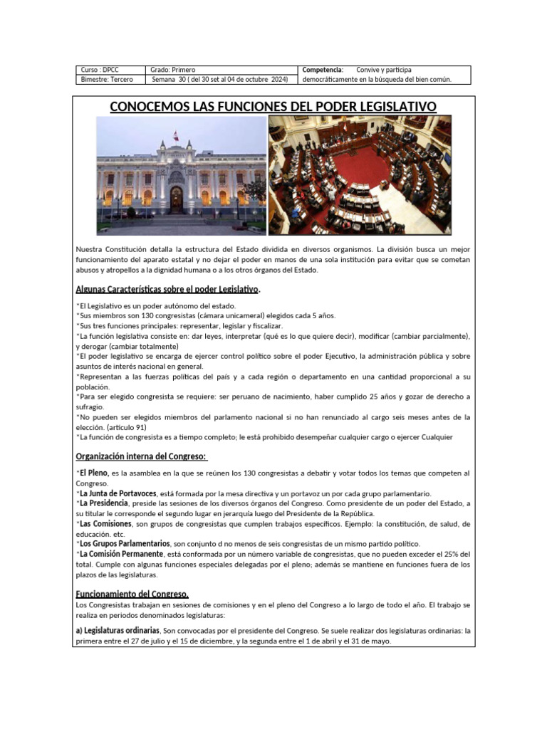 Semana 30 (teoria) Conocemos las funciones del Poder Legislativo. (1 ...