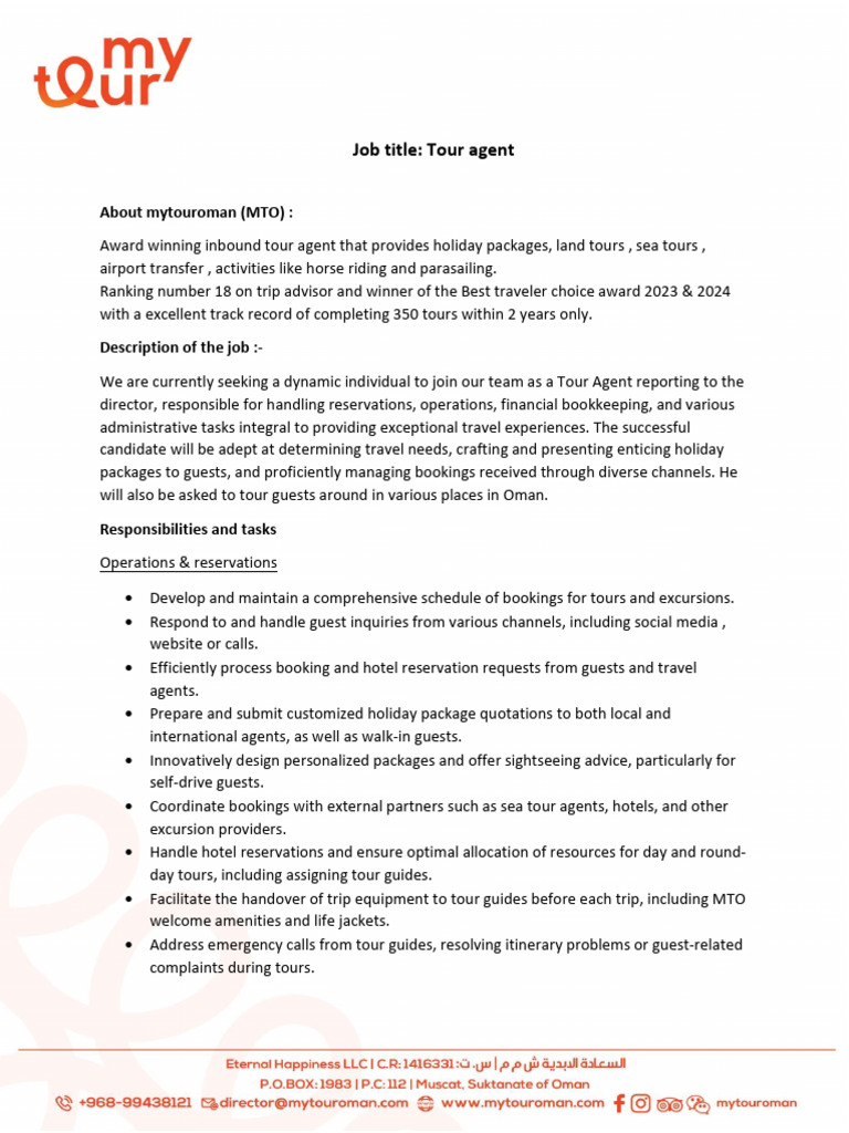 Job Description Job Offer Tour Agent | PDF | Per Diem | Business
