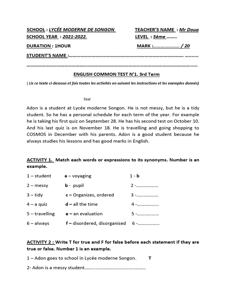 Devoir de 5ème Lycée | PDF | Language Arts & Discipline | Foreign Language Studies