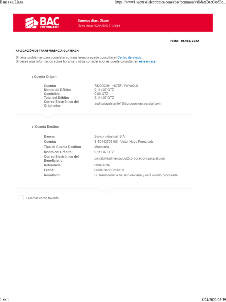Transferencia ACH Hotel BAC A Victor Hugo Perez 6-04-2022 | PDF | Negocios | Derecho