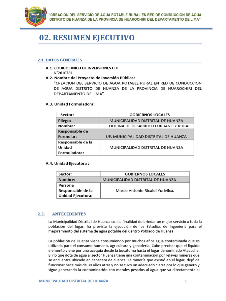 Resumen Ejecutivo L.C. Huanza | PDF | Agua | Lima