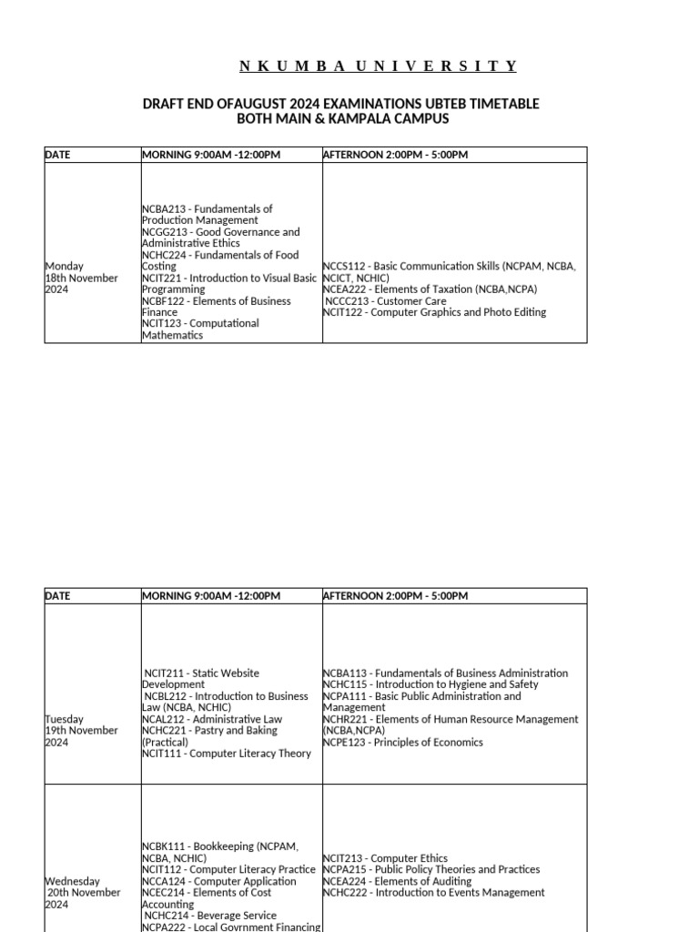 UNIVERSITY Ubteb Time Table Aug 2024-1 | PDF | Business | Economies