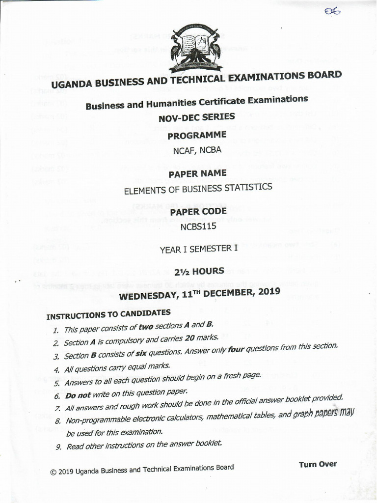 UBTEB PAST PAPERS NCBS115 Elements of Business Statistics DEC 2019 | PDF