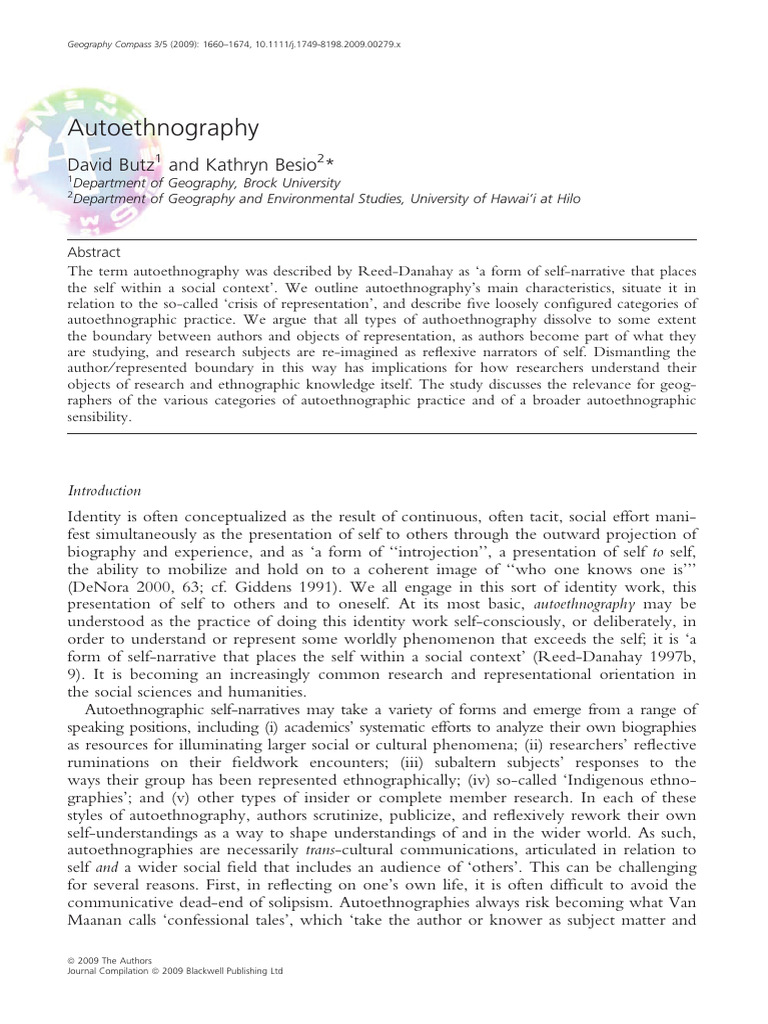 Butz and Besio - Autoethnography | PDF | Ethnography | Reflexivity ...