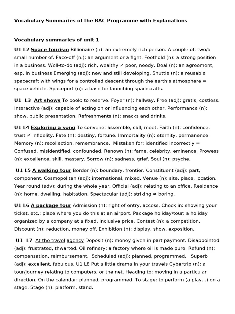 BAC Programme Vocabulary Summaries | PDF