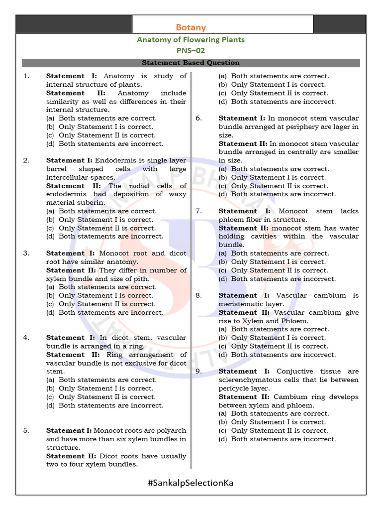 Anatomy of Flowering Plants PNS 02 (Statement Based Questions) - 2525 ...