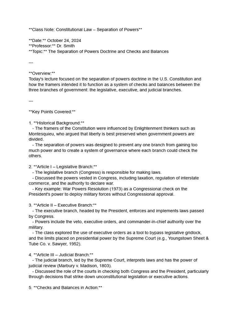 Constitutional Law Notes | PDF | Separation Of Powers Under The United ...