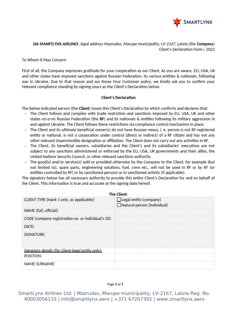 Client Declaration Form SMARTLYNX LV | PDF | Government | Justice Client Declaration Form SMARTLYNX LV | PDF | Government | Justice