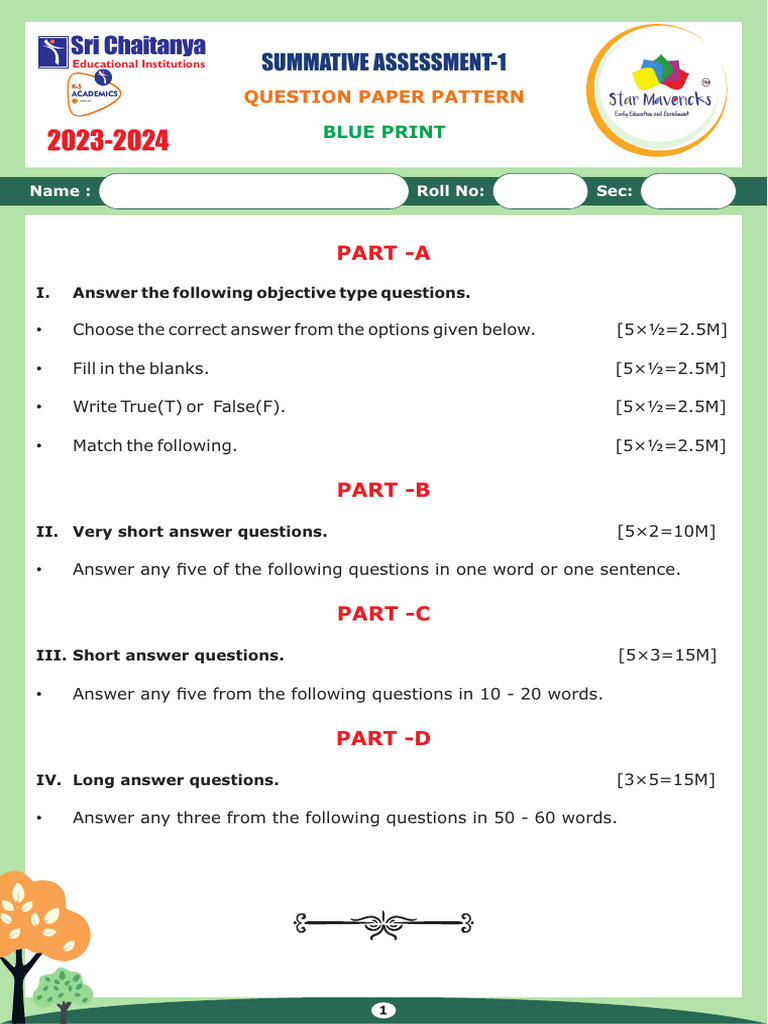 SA1 Math Question Paper Blueprint | PDF
