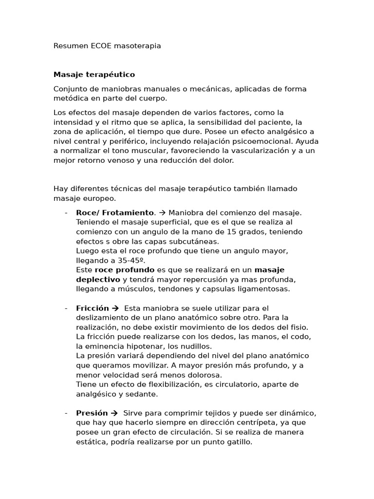 Resumen ECOE Masoterapia | PDF | Masaje | Fricción