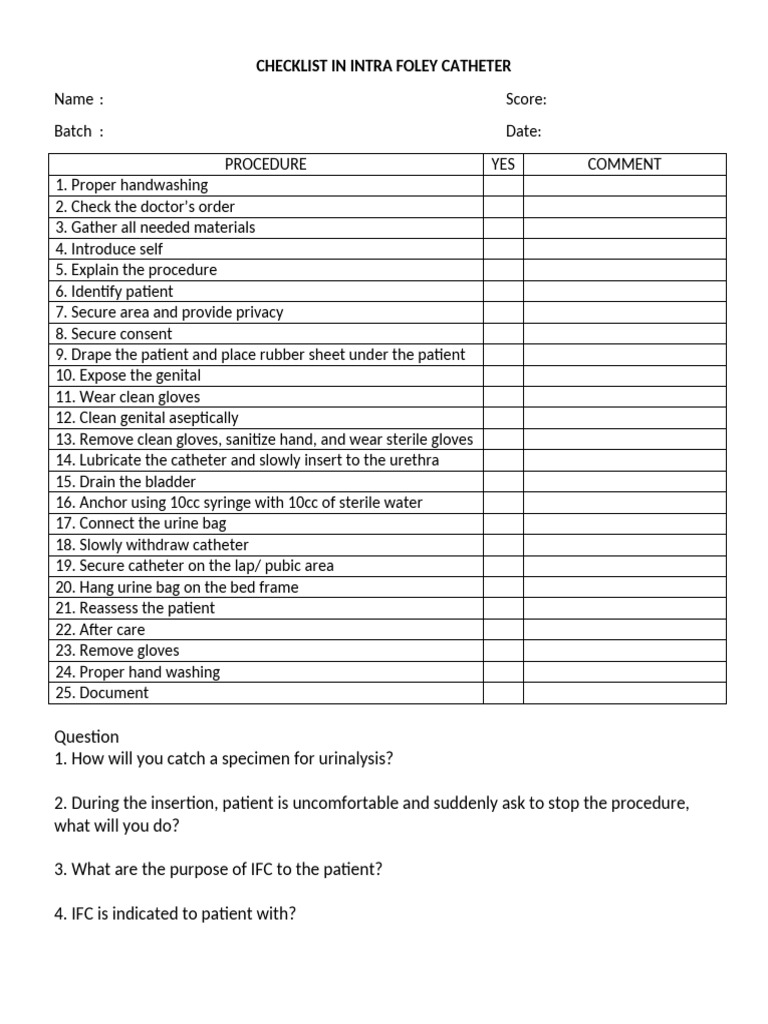 Checklist in Intra Foley Catheter | PDF