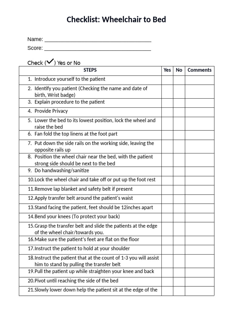 Checklist Wheelchair To Bed | PDF