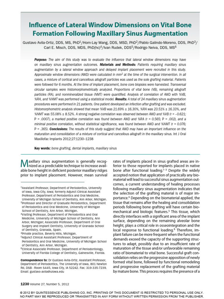 Lateral Window Impact on Vital Bone in Sinus Augmentation | PDF ...