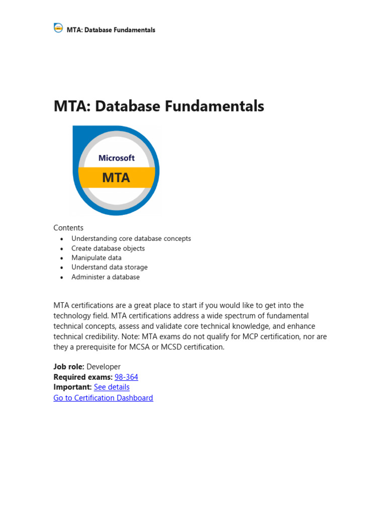 MTA Database Fundamentals | PDF | Databases | Sql MTA Database Fundamentals | PDF | Databases | Sql
