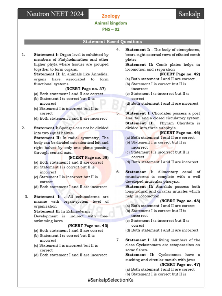 Animal Kingdom PNS 02 (Statement Based Questions) - 2293 ...