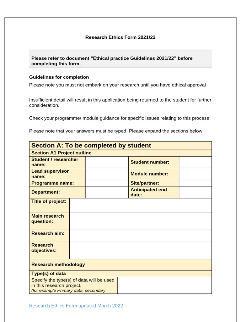 Research Ethics Form v202204 MSC | PDF | Data | Institutional Review Board