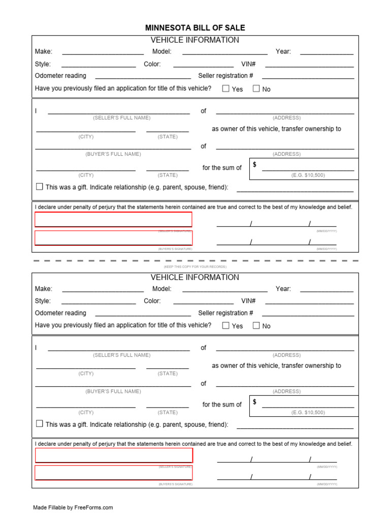 Minnesota Motor Vehicle Bill of Sale Form | PDF | Vehicles