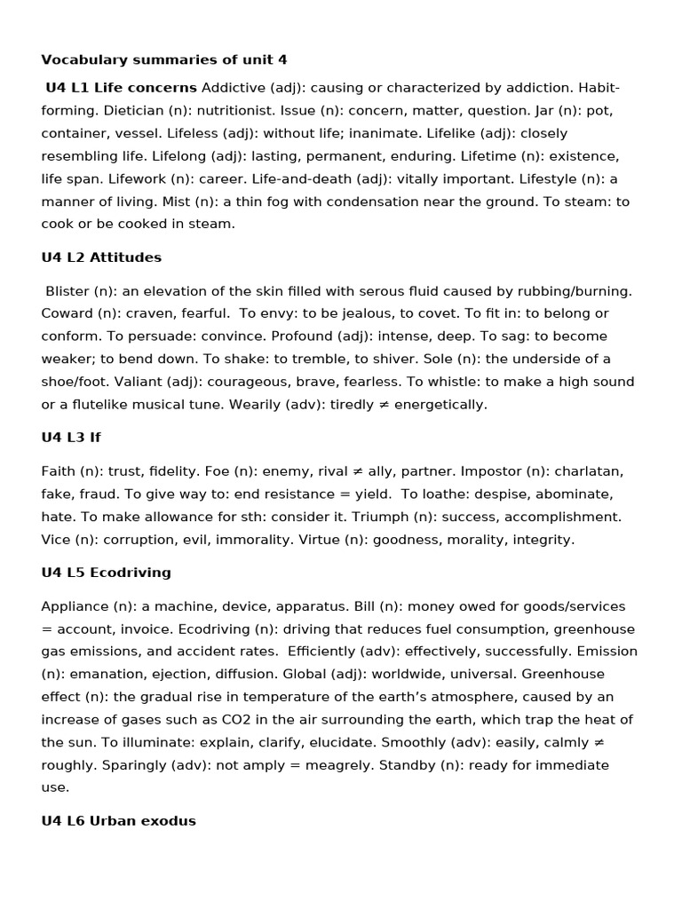 Vocabulary Summaries of Unit 4 | PDF | Greenhouse Effect