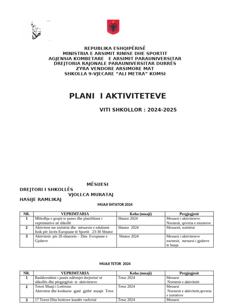 Plani I Aktiviteteve | PDF
