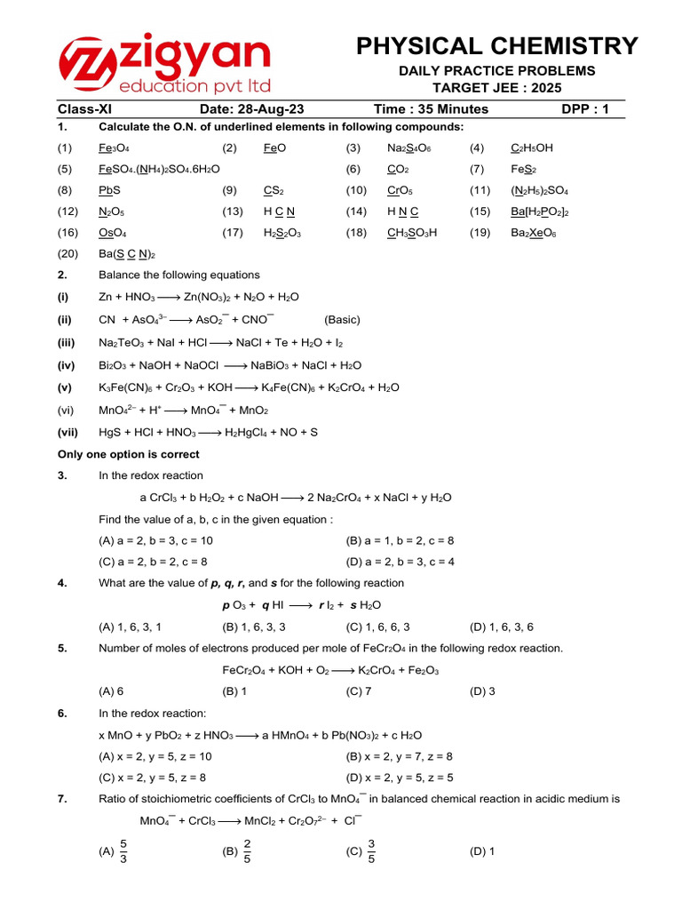 Class Xi Dpp 20 Redox Without Ans Pdf Chemical Reactions Physical