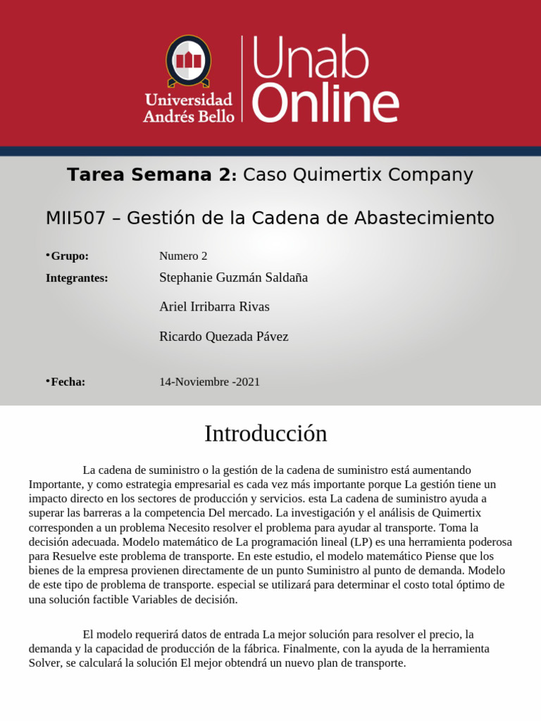 Tarea Semana 2. Caso Quimertix Company | PDF | Business | Cadena de suministro