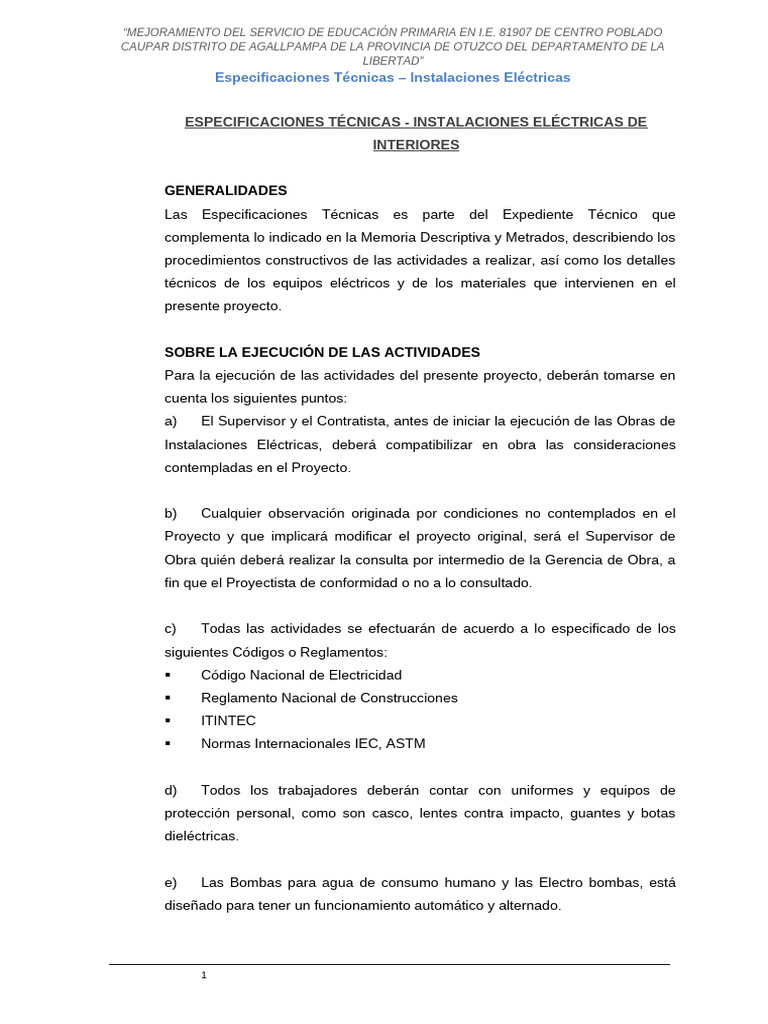 03.04. Especificaciones Técnicas de Inst. Eléctricas | PDF | Enchufes y tomas de corriente ...