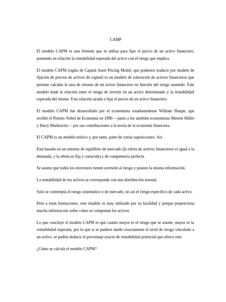 El Modelo CAPM | PDF | Modelo de fijación de precios de activos de capital | Economía Financiera
