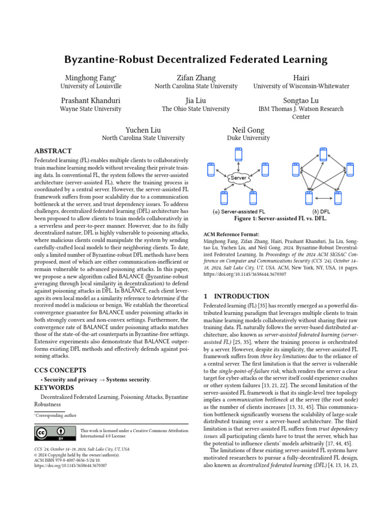 Byzantine-Robust Decentralized Federated Learning: Minghong Fang Zifan Zhang Hairi | PDF ...