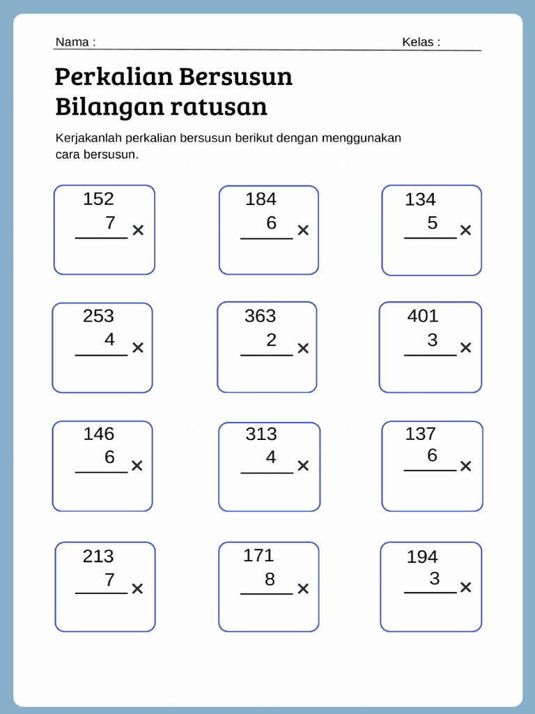 Perkalian Bersusun Bilangan Ratusan Lembar Kerja Biru Putih Sederharna ...