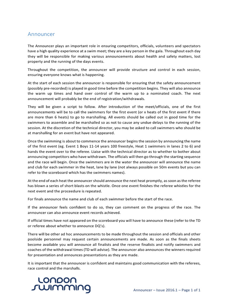 London Swimming Volunteer - Announcer | PDF | Swimming (Sport) | Sports