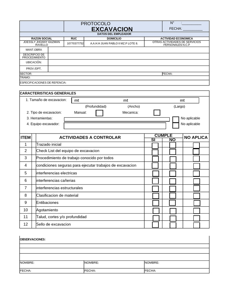 Cuadro Protocolo de Excavacion | PDF