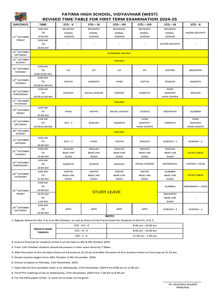 Revised Time Table For First Term Examination 2024-25 | PDF