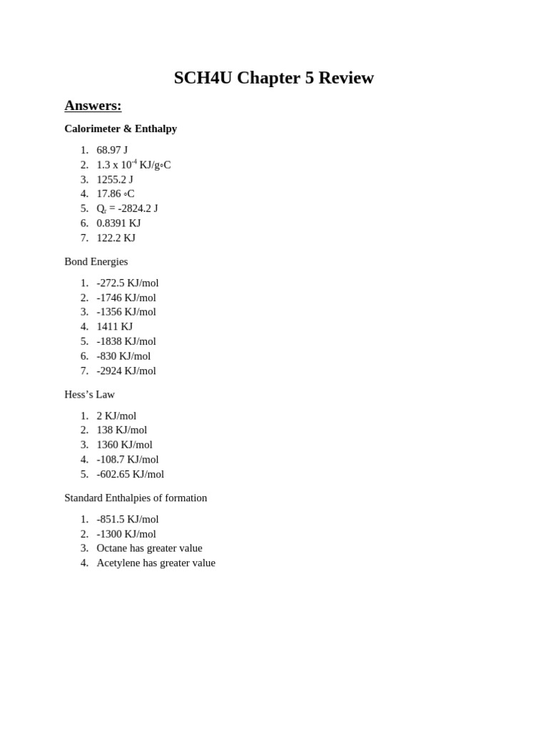 SCH4U Chapter 5 Review Answers | PDF