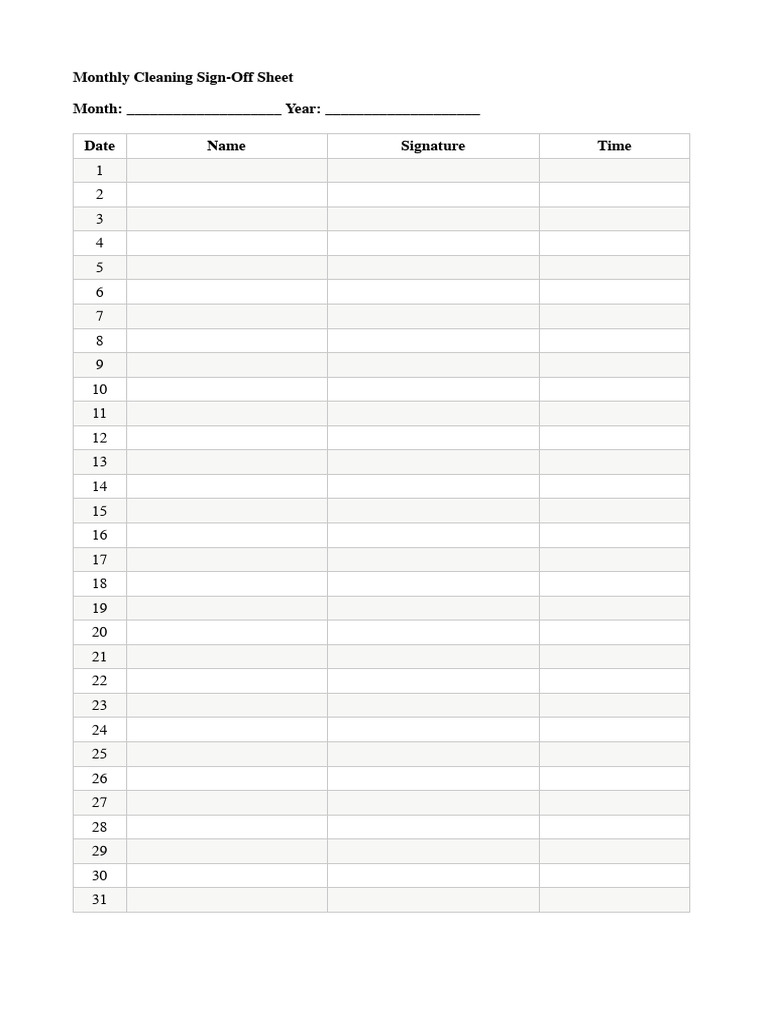 Monthly Cleaning Sign-Off Sheet | PDF
