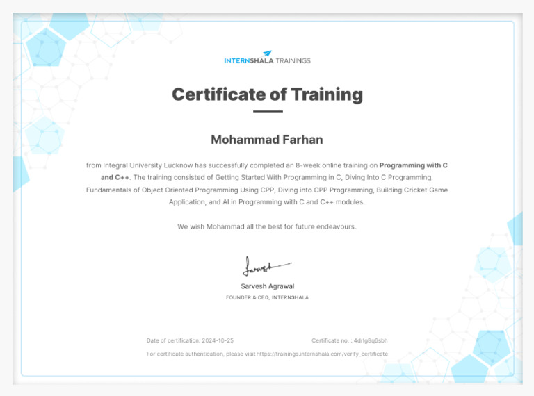 Programming With C and C++ Training - Certificate of Completion | PDF