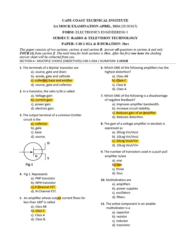 Electronics Engineering Mock Exam 2024 | PDF | Detector (Radio) | Amplifier