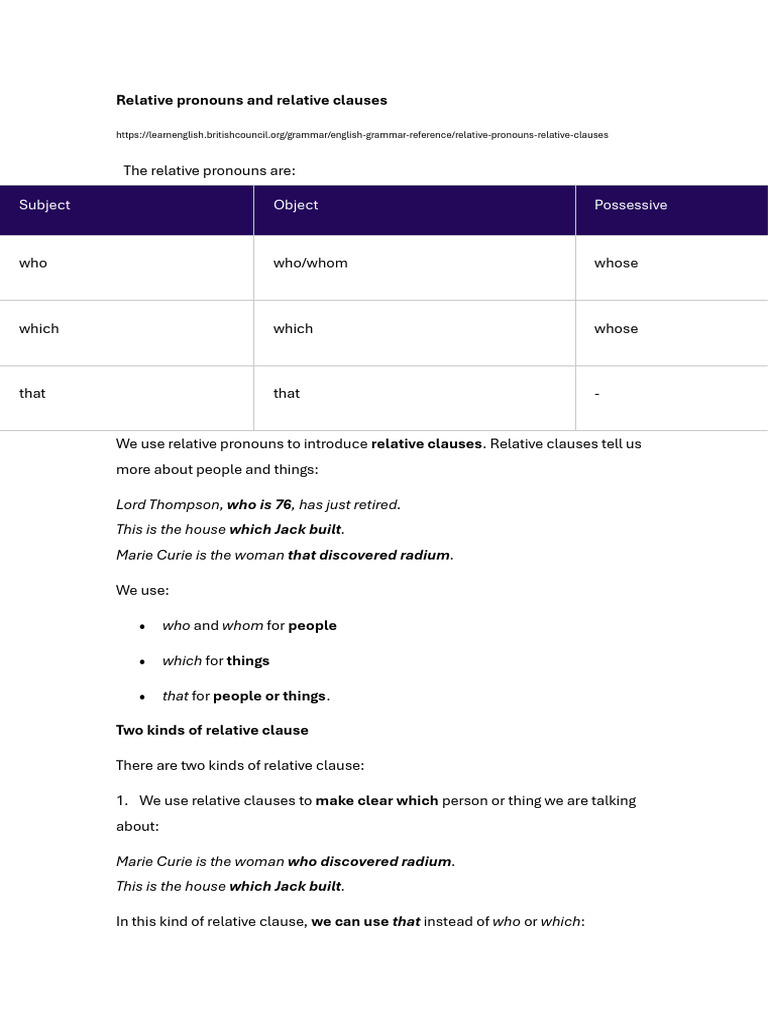 Relative pronouns and relative clauses | PDF | Pronoun | Subject (Grammar)