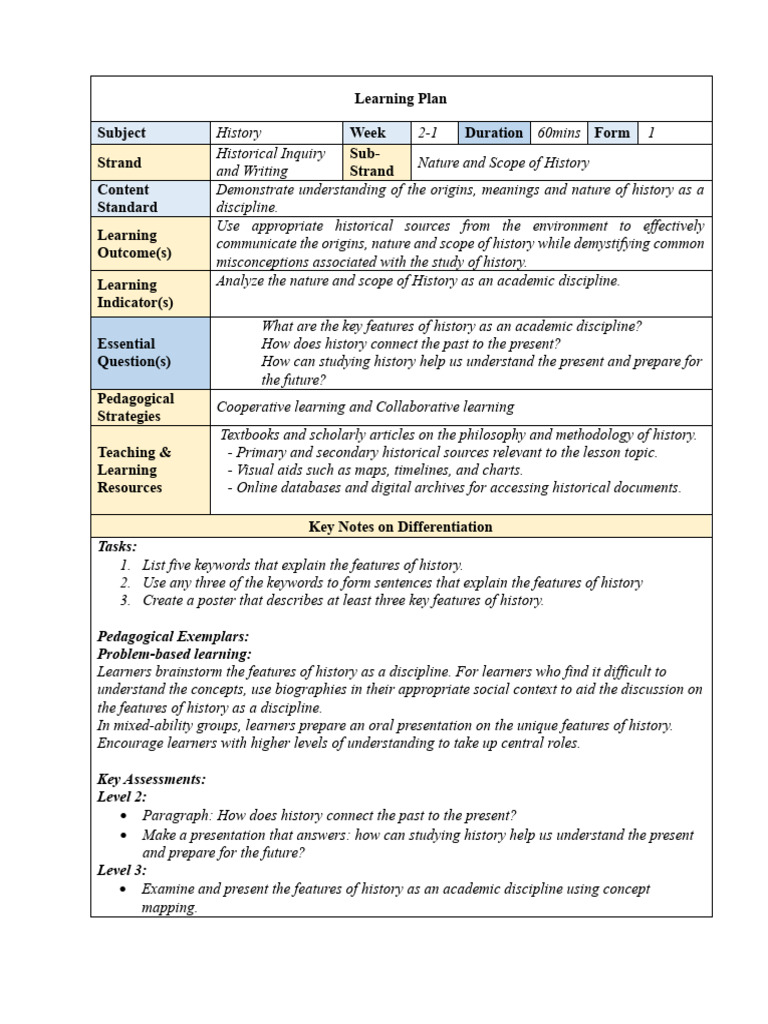 History Lesson Plan: Features & Branches | PDF | Learning | Pedagogy