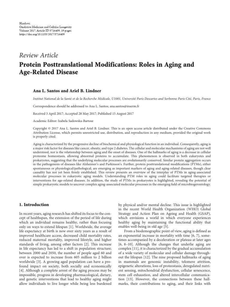 Santos - 2017 - Ox Med Cell Long - Protein PTM Roles in Aging and ...