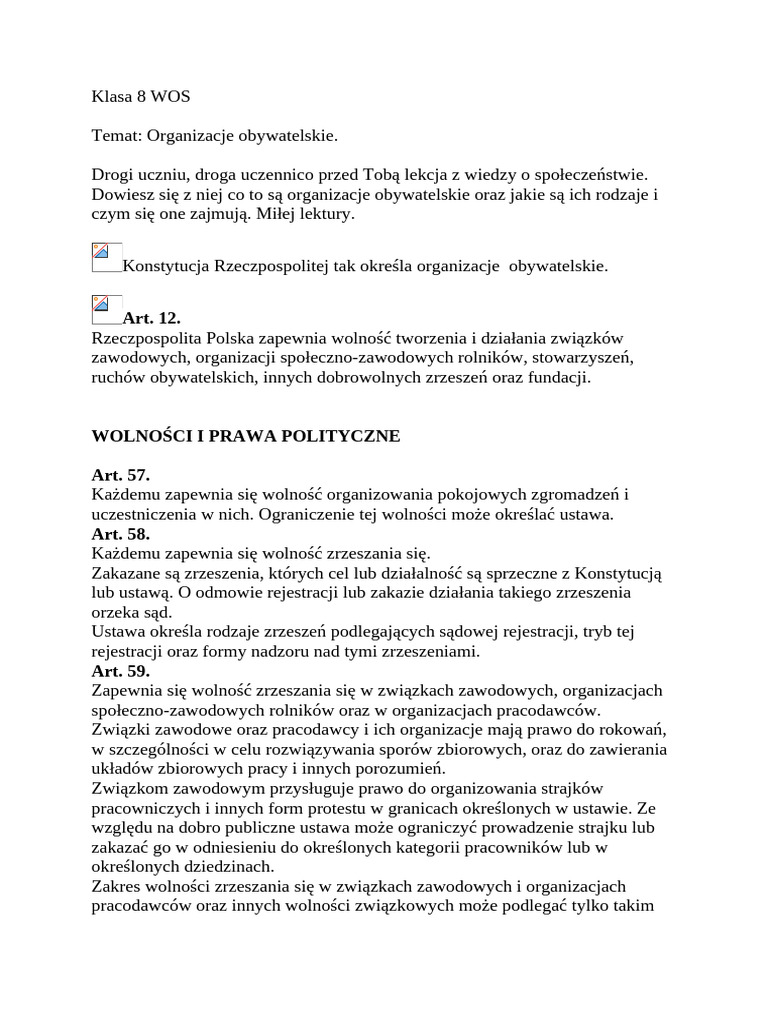 Klasa 8 WOS Organizacje Obywatelskie | PDF