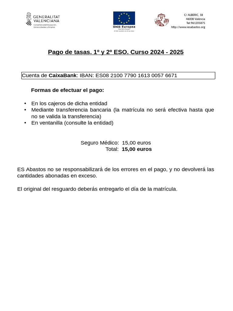Pago Tasas 1 y 2 ESO | PDF