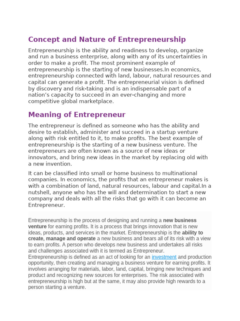 Concept and Nature of Entrepreneurship: New Business Venture Ability To ...