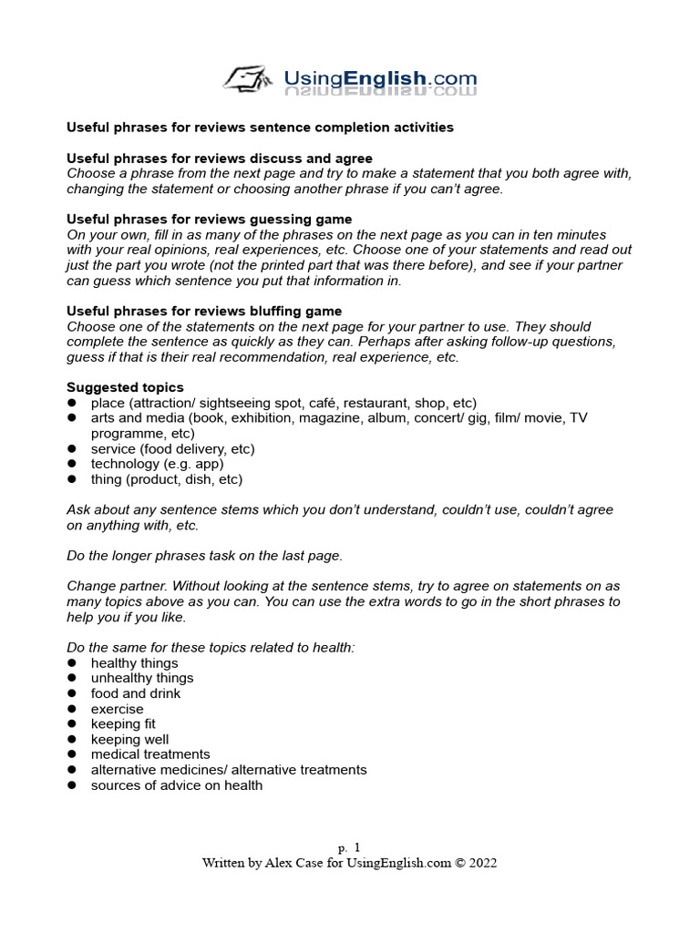 Useful Phrases For Reviews Sentence Completion Activities | PDF ...