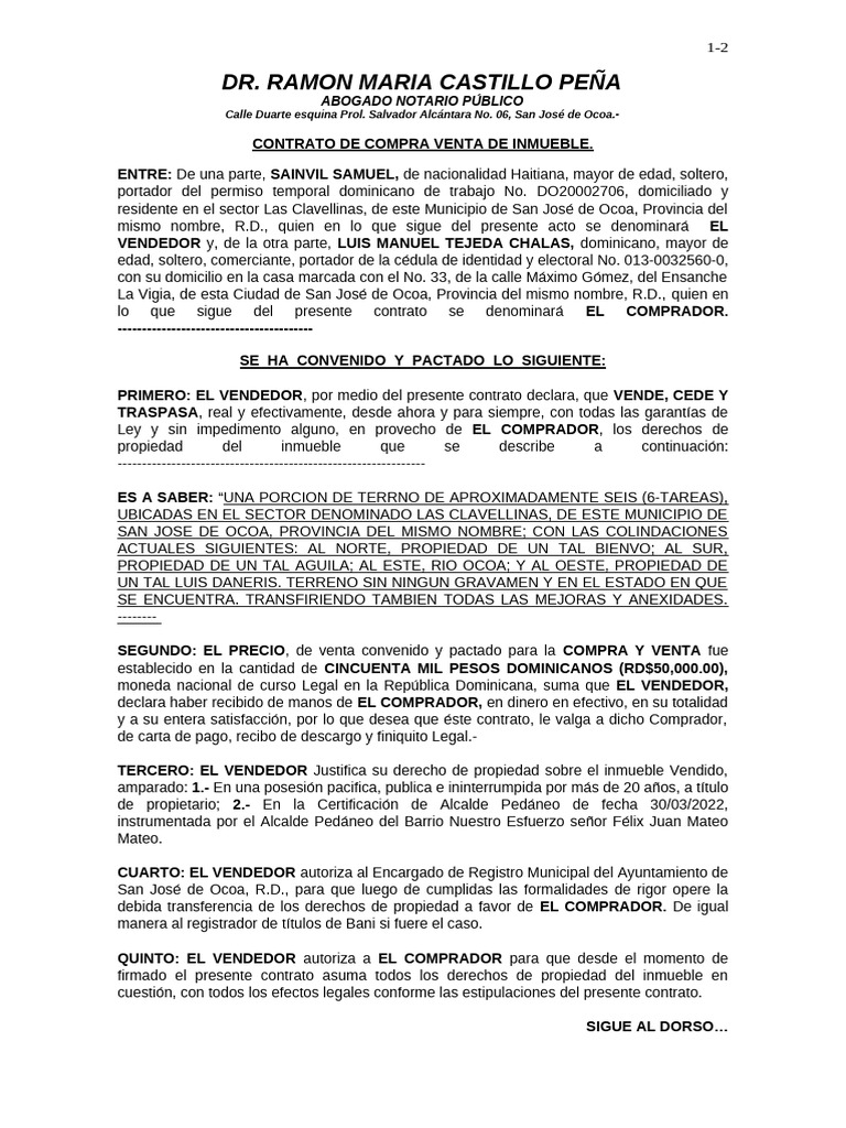 Contrato de Compra Venta en Ocoa | PDF