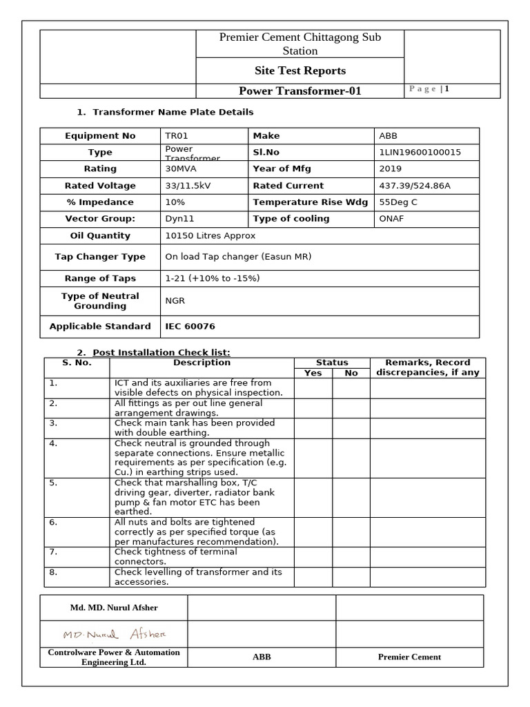33/11kV Transformer Test Report | PDF | Electrical Engineering ...