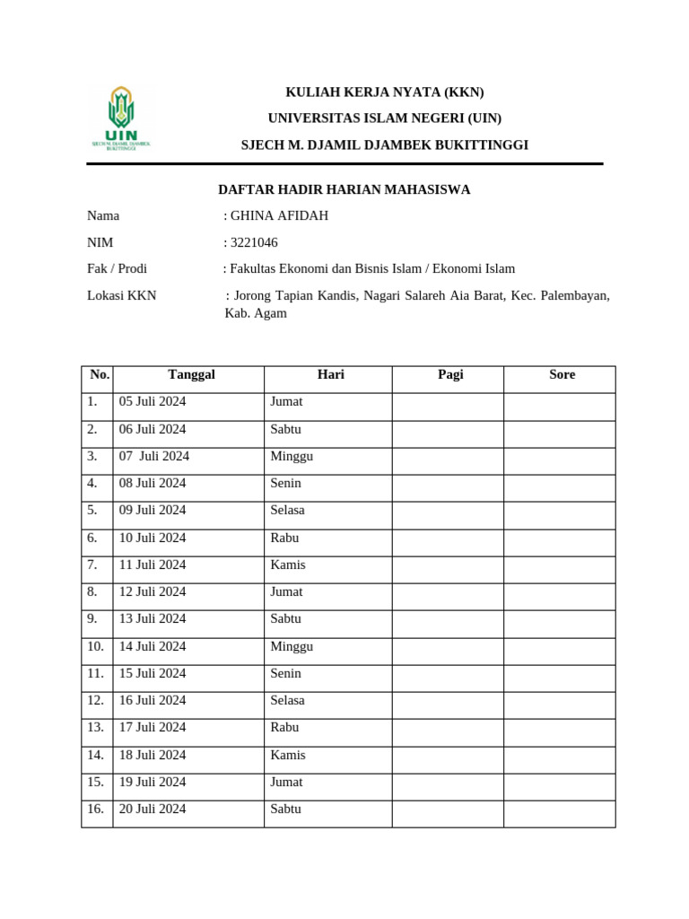 Daftar Hadir KKN UIN Bukittinggi | PDF