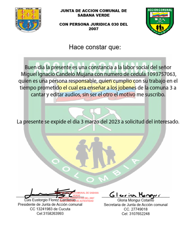 certificado mesa de accion comuna 3 | PDF