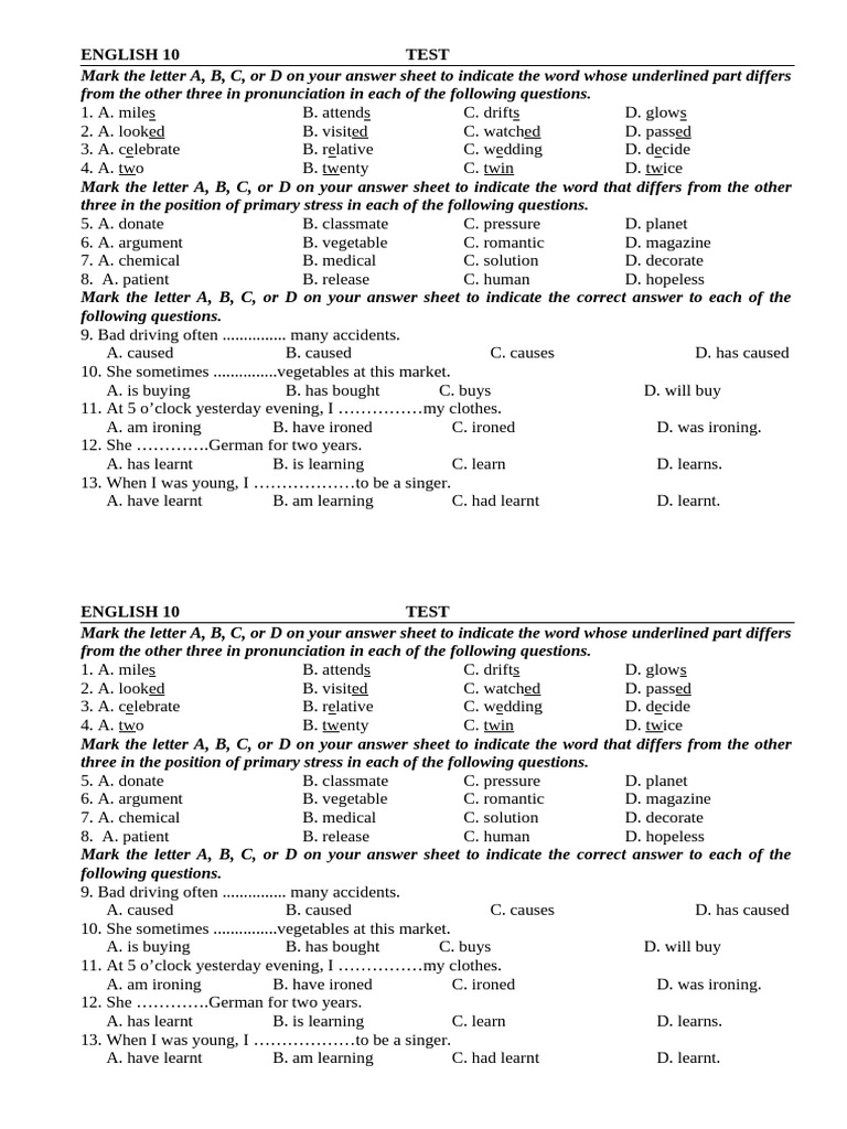 ENGLISH 10-TEST thì | PDF